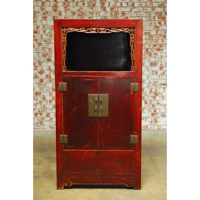 Chinese Red Lacquer Cabinet with Display Shelf | Chairish
