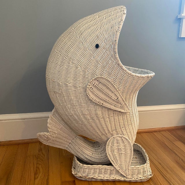 1970's Shabby Chic White Wicker Whale Basket / Hamper | Chairish