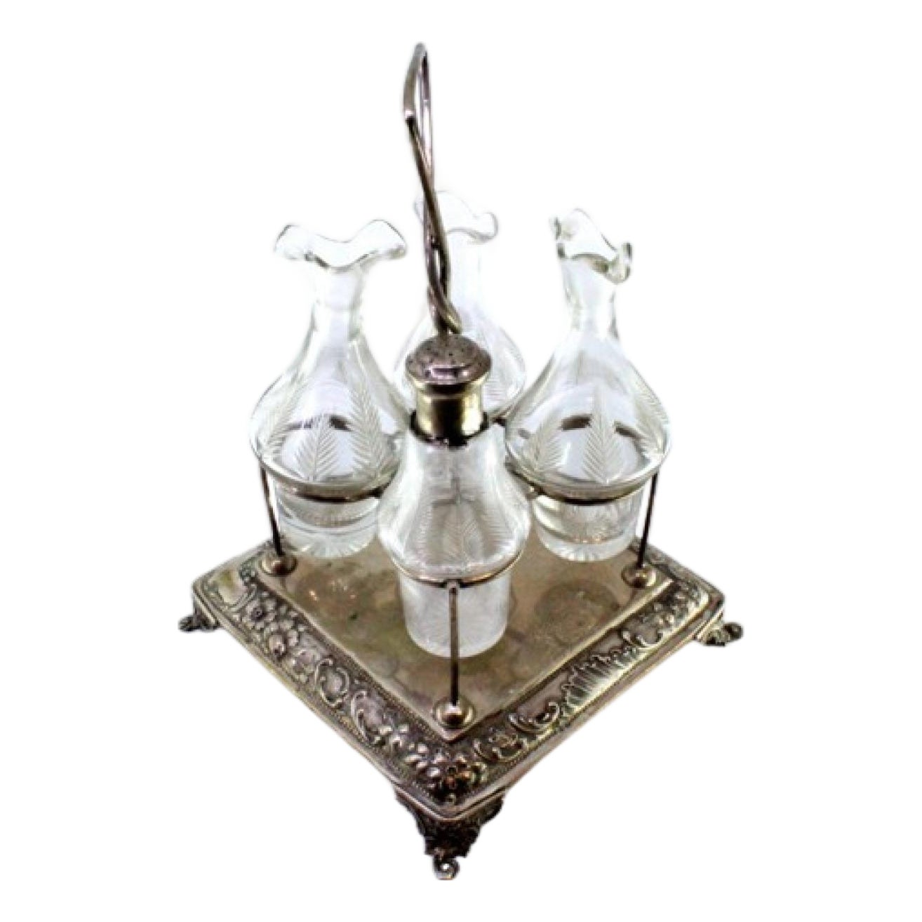 Cruet Set with Silver Structure and Acid-Etched Glass Cruets and Salt ...