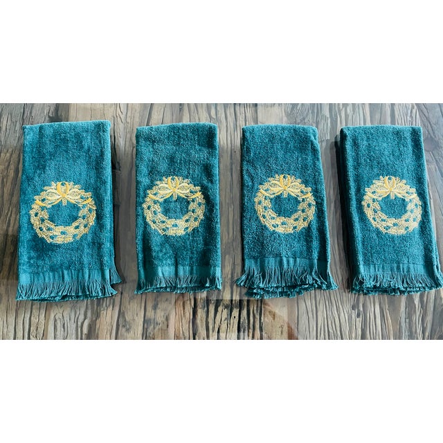 4 Gold Embroidered Face / Guest Terry Towels Bottle Green | Chairish