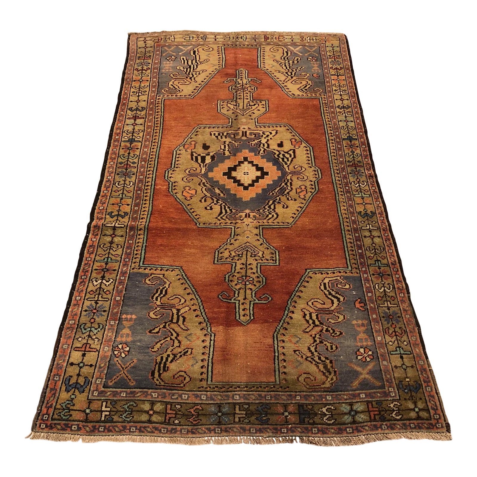 Orange and Blue Bohemian Vintage Turkish Rug | Chairish