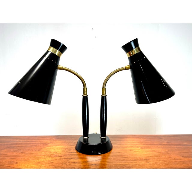 Mid Century Atomic Modern Double Gooseneck Desk Lamp in Black & Brass ...