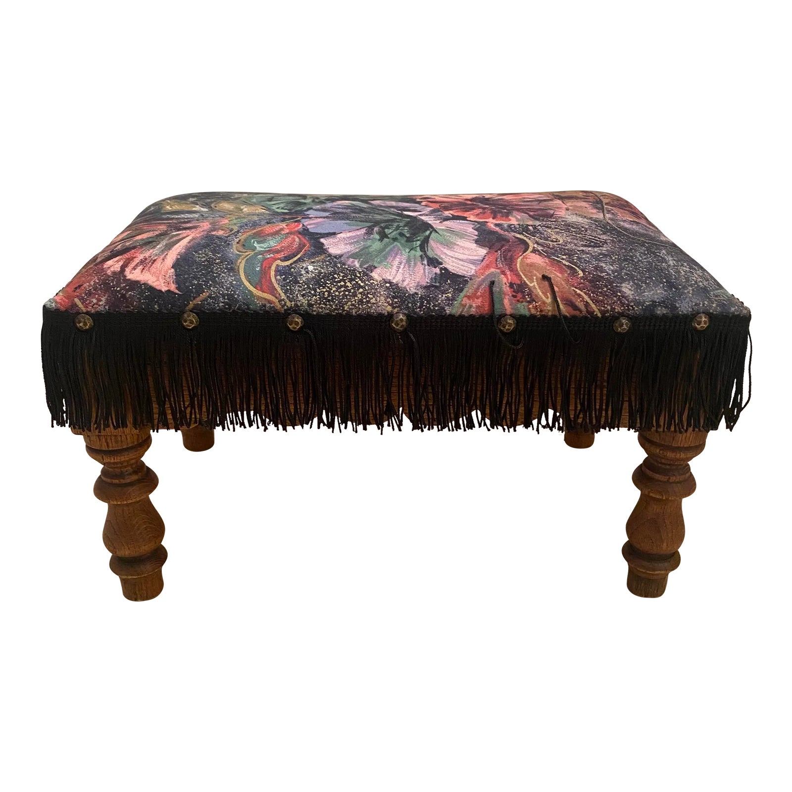 Vintage Art Deco Wood Footstool With Fringe | Chairish