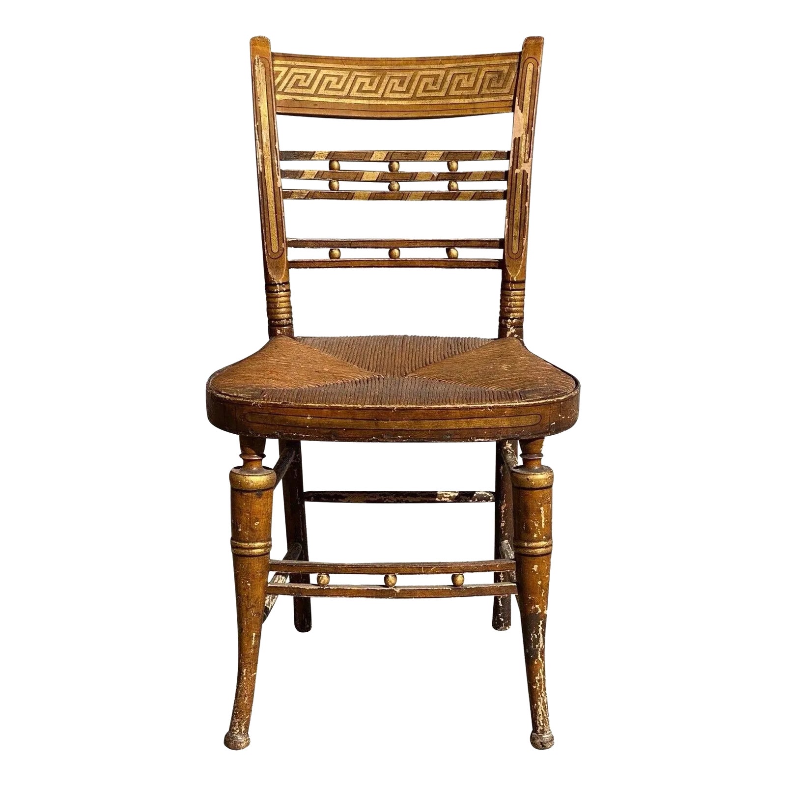 Antique Sheraton Fancy Paint Thumb Back Chair With Rush Seat & Greek ...