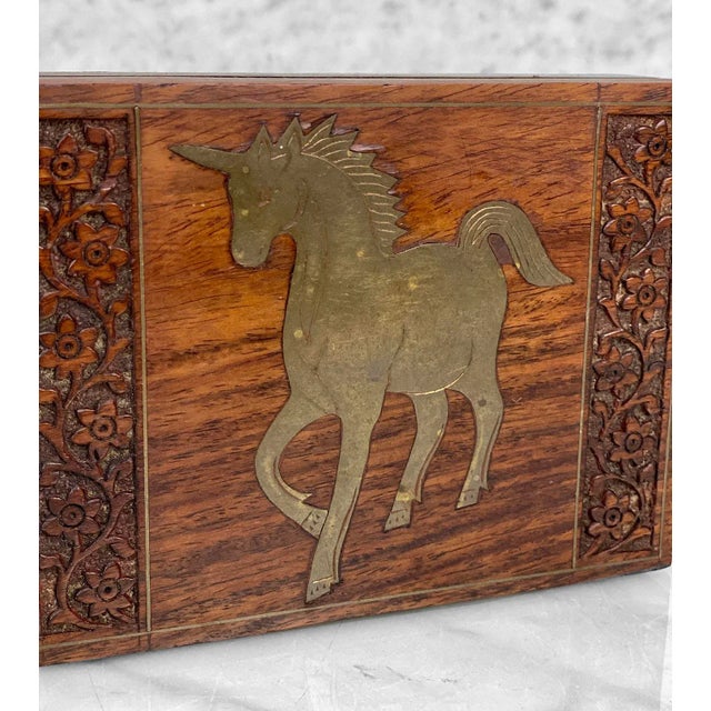 Vintage Traditional Walnut Carved Brass Inlaid Unicorn Horse Storage ...