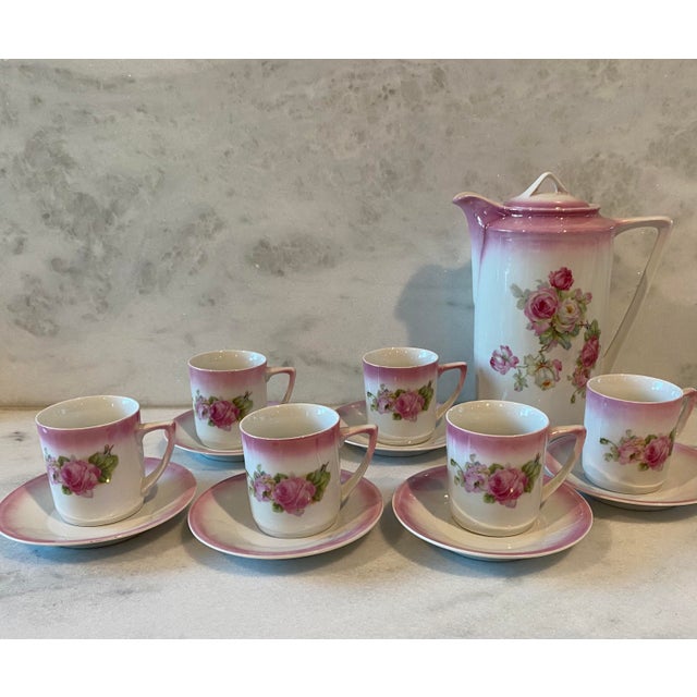 Pink Antique German Chocolate Pot Set - 13 Pieces | Chairish