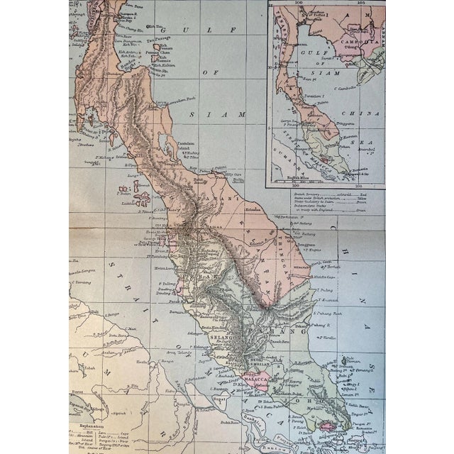 Antique Map Malay Peninsula 1894 Southeast Asia Hand Tinted 10x16 ...