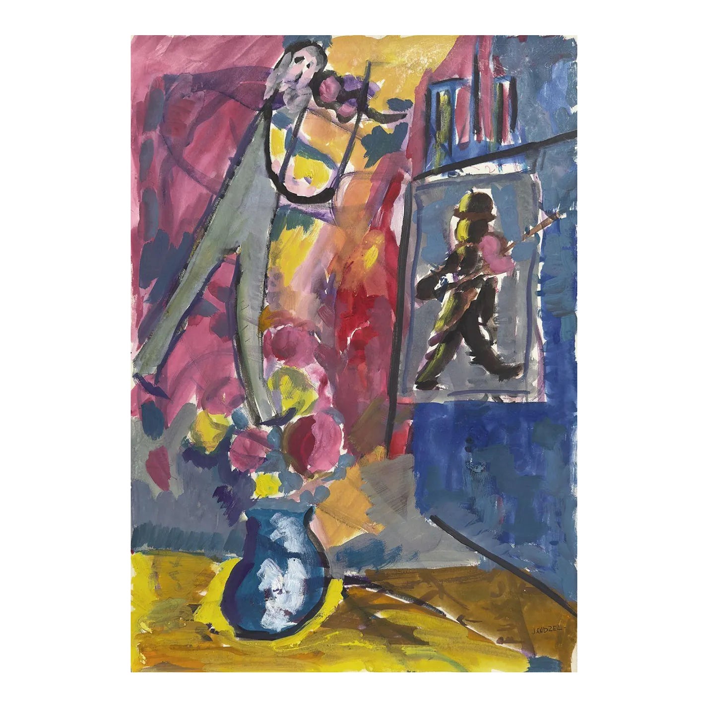 1968 Jacques Endzel Cello Player & Easel Watercolor | Chairish