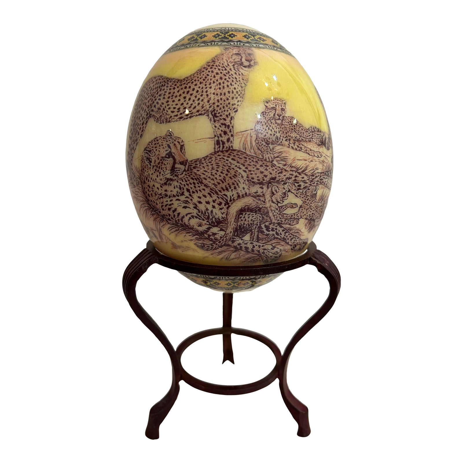 Contemporary Decoupage Ostrich Egg Depicting Cheetahs on Stand | Chairish