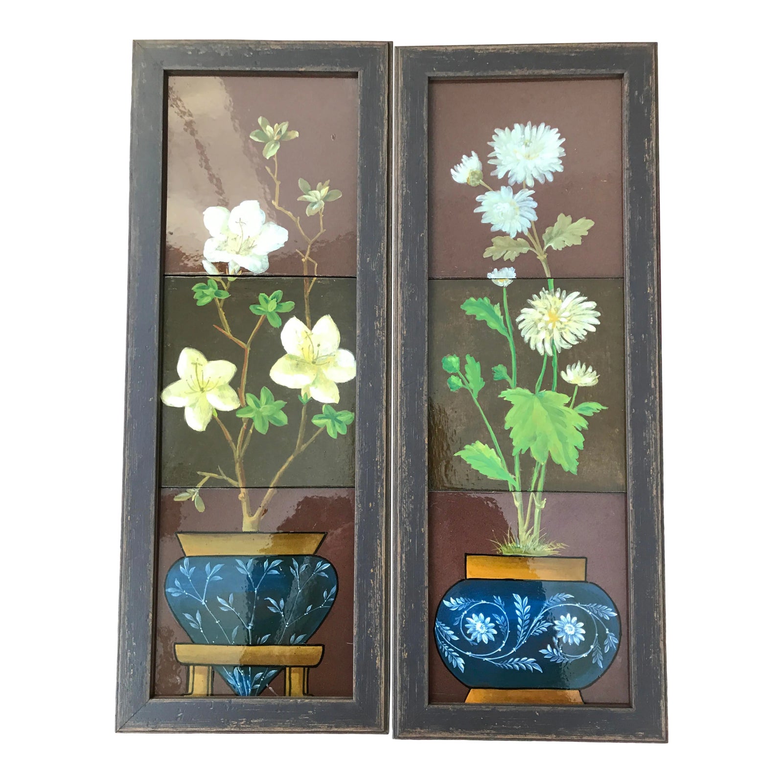 Framed Potted Plant Flowers Hand Painted Minton Tiles a Pair | Chairish