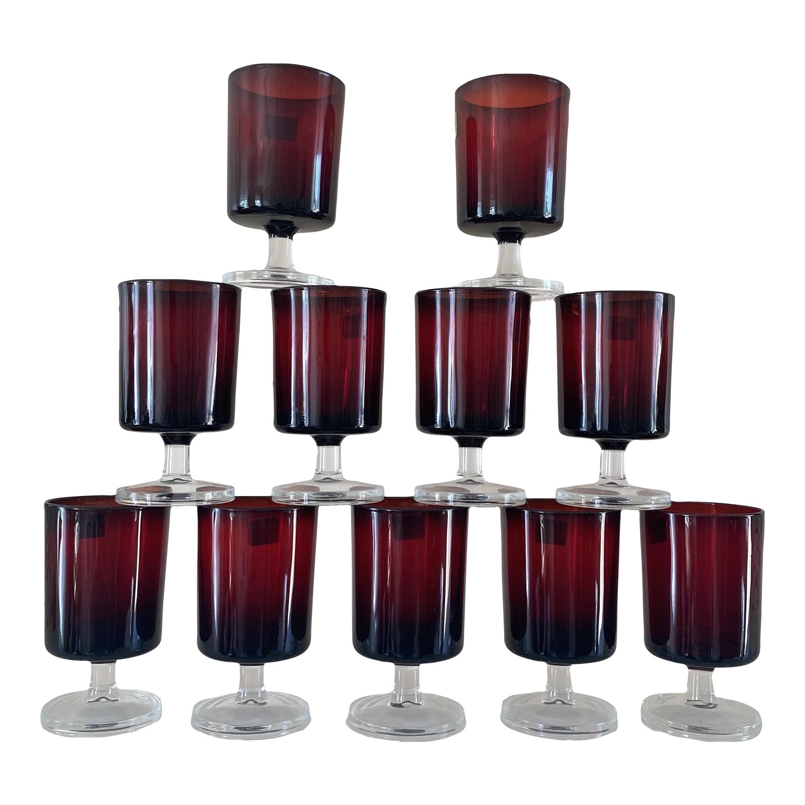 Mid 20th Century Luminarc Ruby Red Cordial Glasses- Set of 11 | Chairish