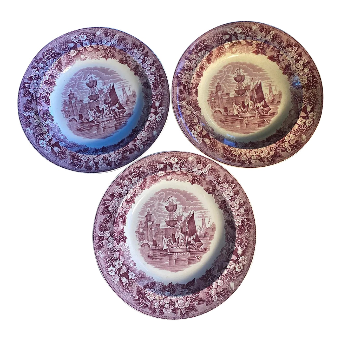 Vintage Wedgwood Ferrara Plum & Tan Rimmed Soup Bowls- Set of 3 | Chairish