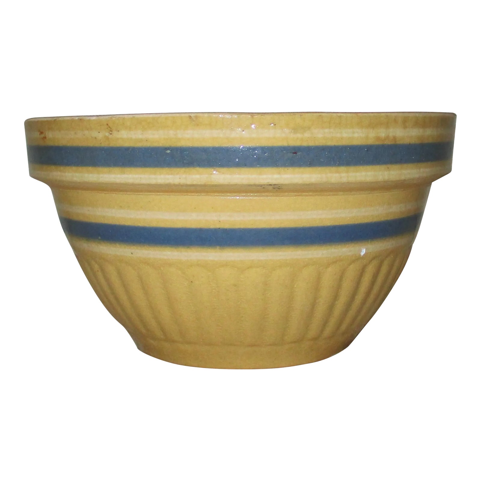 Antique Stoneware Bowl Yellow Ware With Blue and White Stripes | Chairish