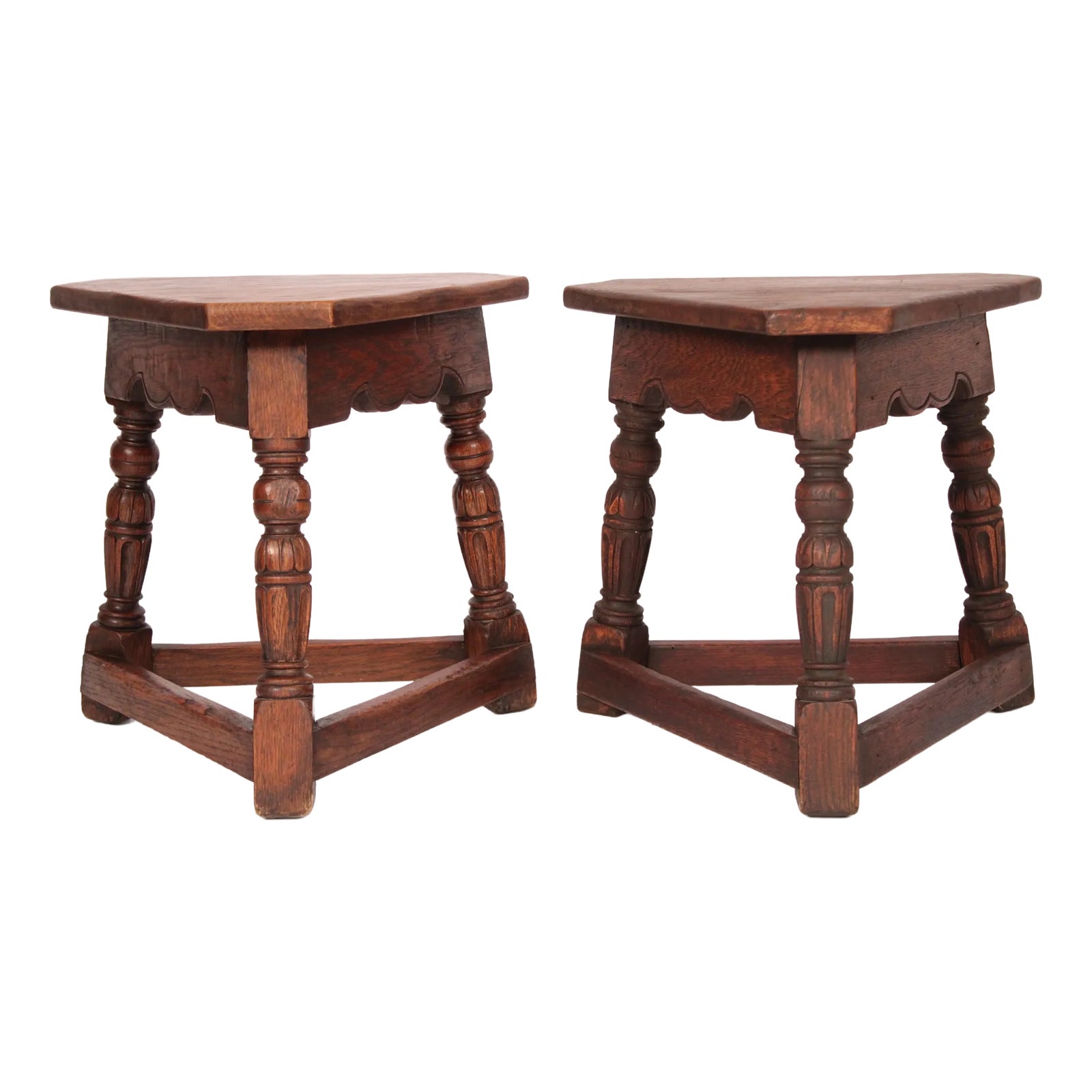 Matched Pair of Jacobean Style Oak Joint Stools | Chairish