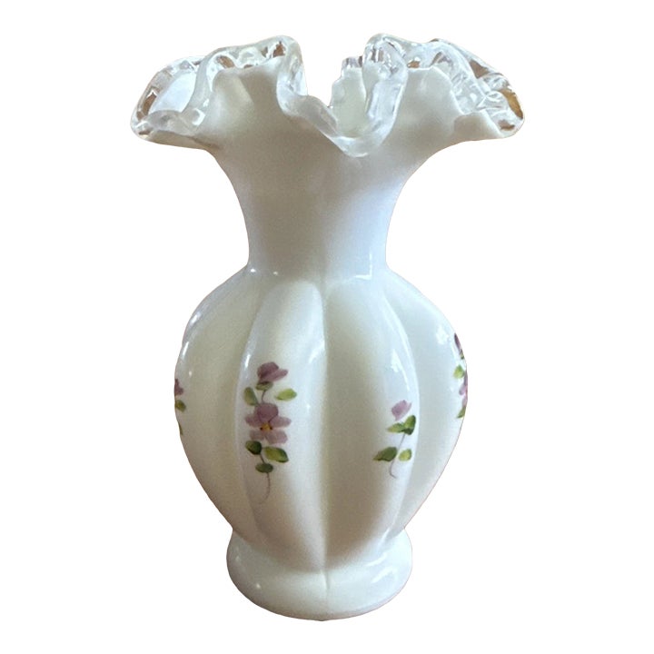 Vintage Fenton Glass Violets in the Snow Ruffled Melon Vase Hand ...