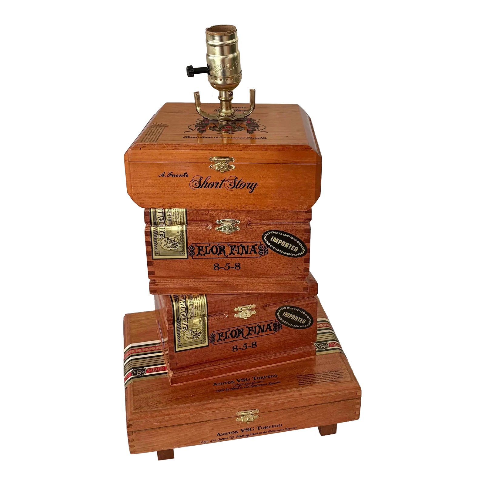 Vintage Folk Art Wood Cigar Box Lamp | Chairish