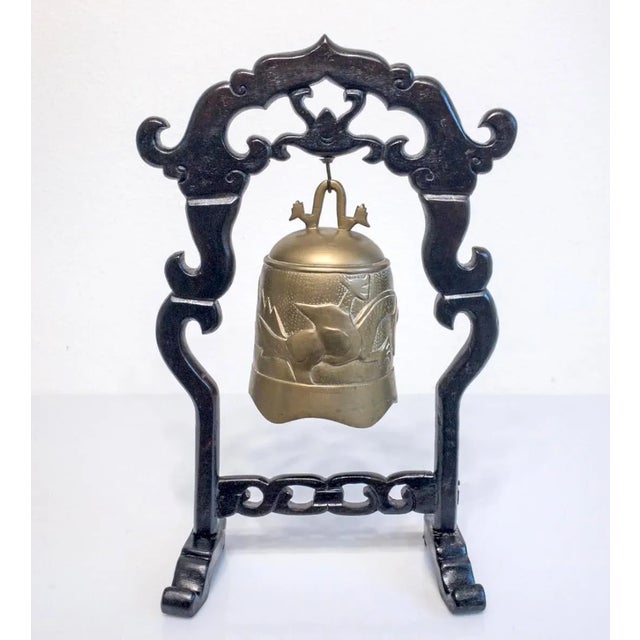 Vintage Chinese Cast Brass Dragon Temple Bell on Carved Dark Brown ...
