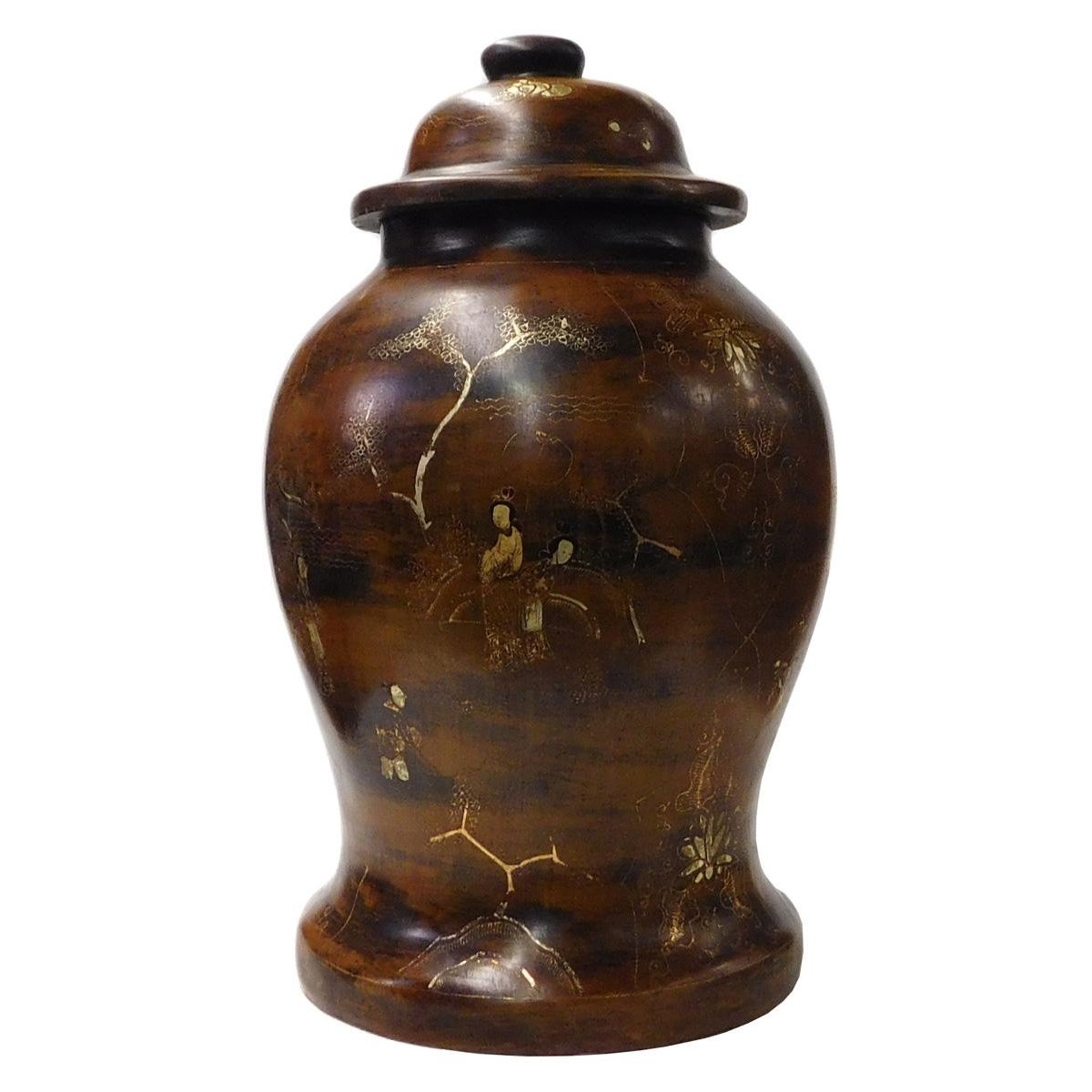 Chinese Distressed Brown Lacquer Jar | Chairish