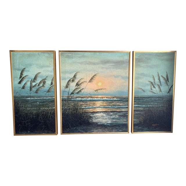 Vintage Coastal Triptych Paintings | Chairish