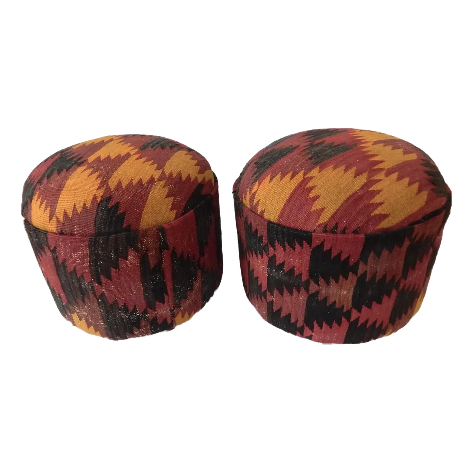 Rare Old Custom Made Geometric Turkish Tribal Kilim Ottomans/Footstools ...