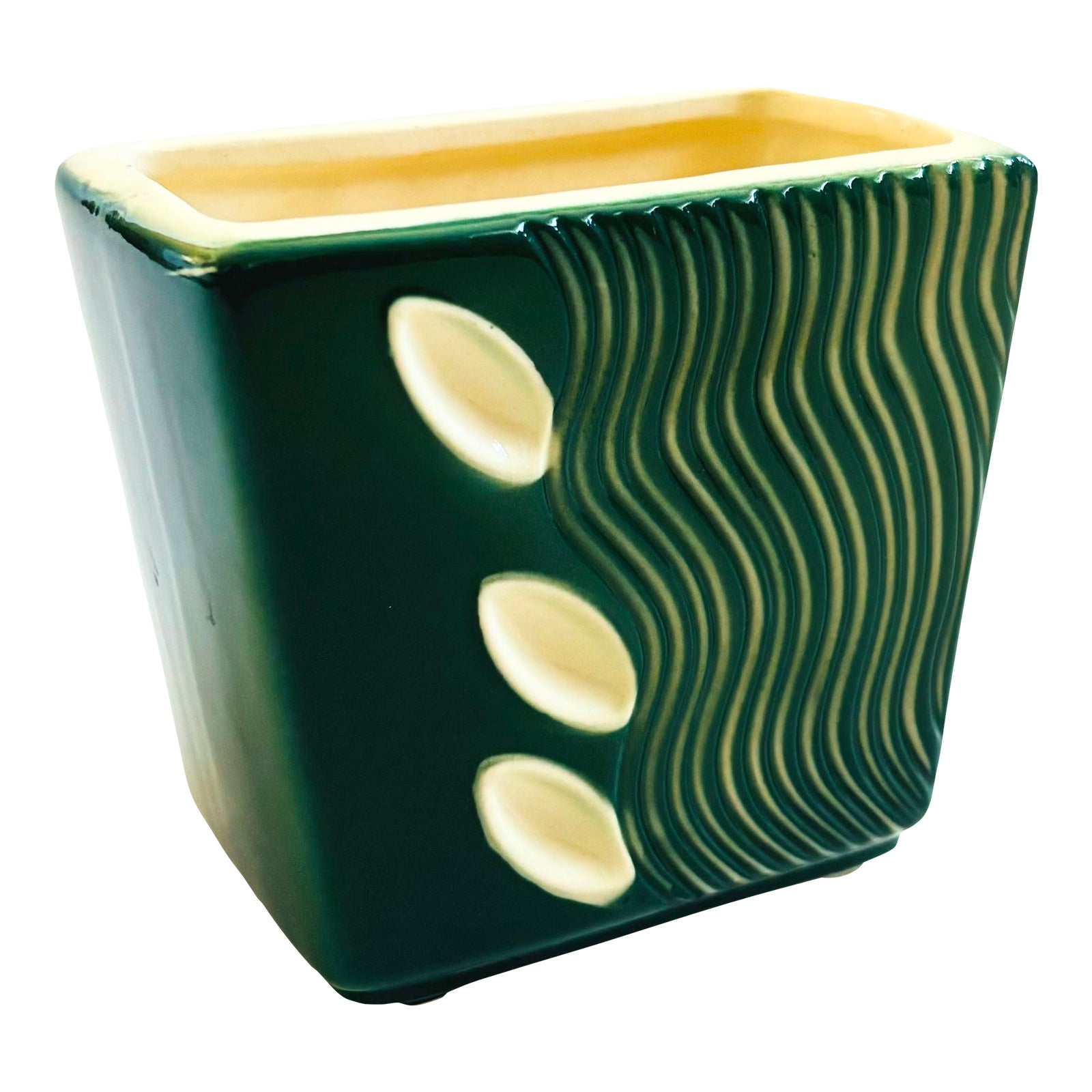 MCM Green and White Ceramic Planter | Chairish