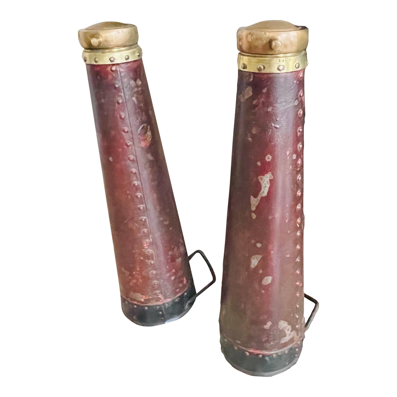Pair of Antique 1900 Brass and Leather Fire Extinguishers | Chairish