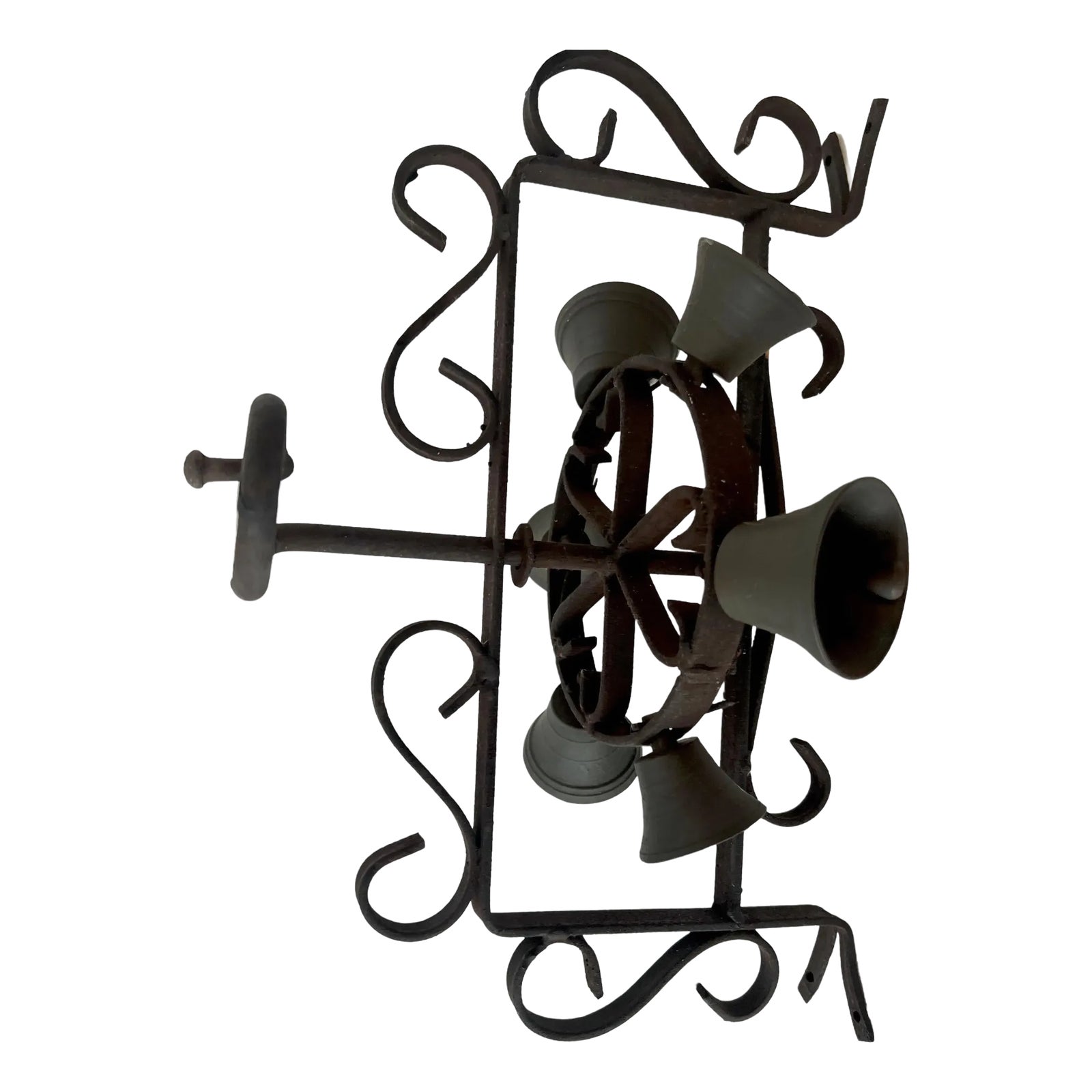 Wrought Iron Door Bell with Hand Rotating Bells | Chairish