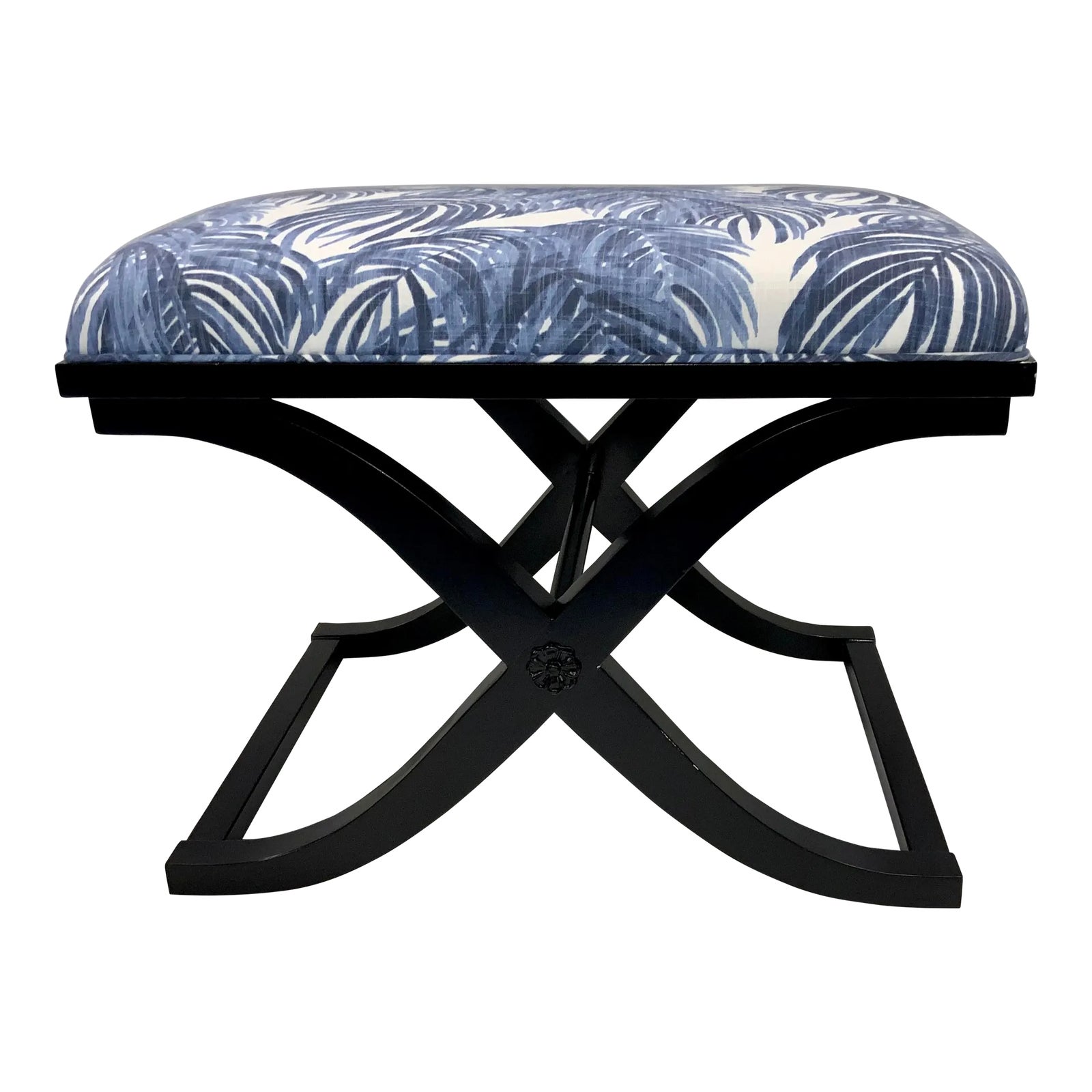 Modern Blue and White Palm Alex Bench | Chairish