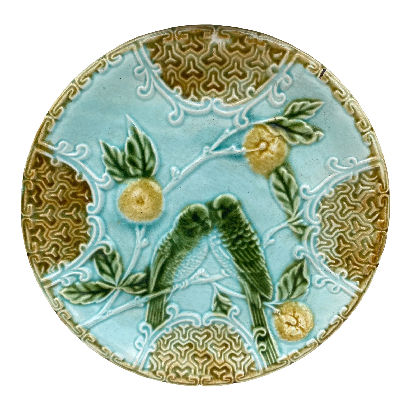 French Majolica Parakeets Plate Salins, Circa 1890 | Chairish