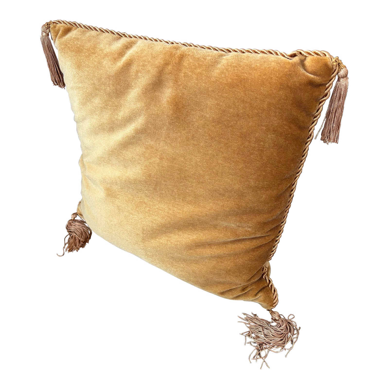 1990s Yellow Ochre Velveteen Pillow With Cord Edging and Tassels | Chairish