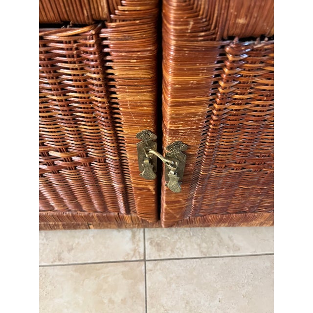 1970s Chinoiserie Handwoven Wicker and Brass Two-Door Storage Trunk 2 ...