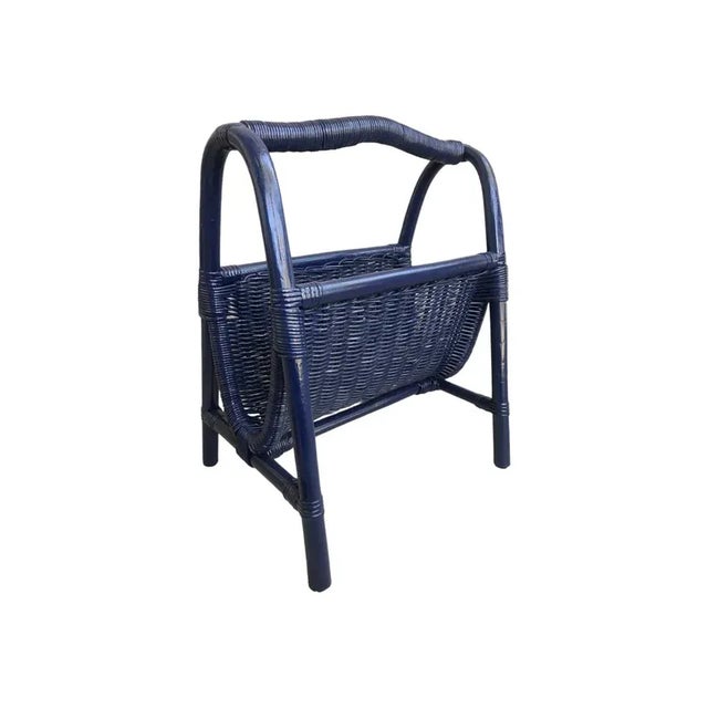 Vintage Navy Blue Rattan Magazine Rack | Chairish