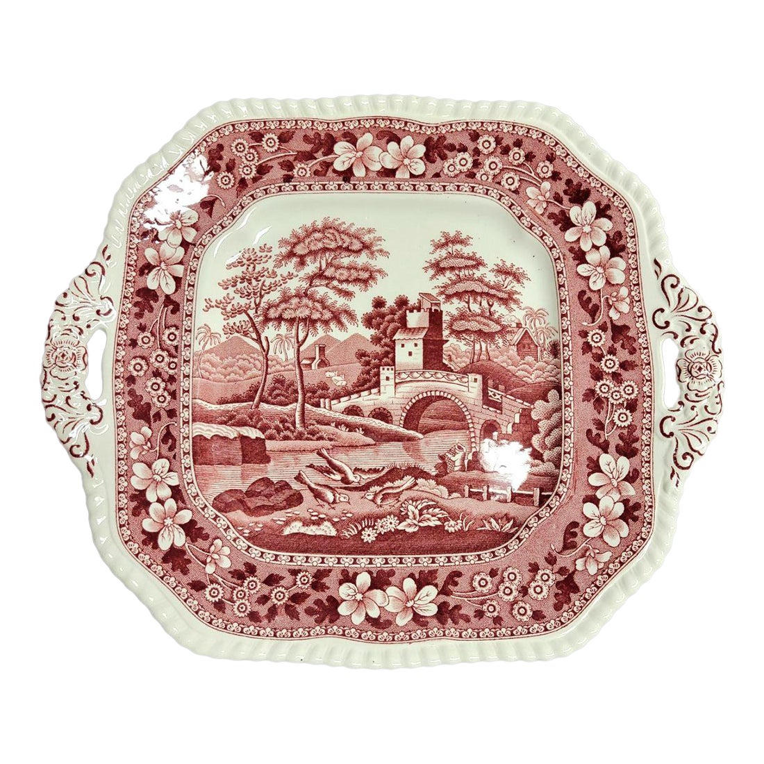 Antique Square Handled Spode Cake Plate Pink Tower | Chairish