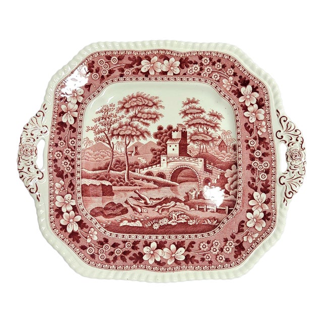 Antique Square Handled Spode Cake Plate Pink Tower | Chairish