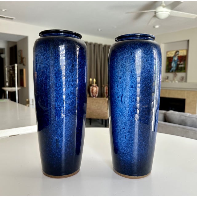 Pair Japanese Cobalt Blue Flambe Mottled Pottery Vases | Chairish