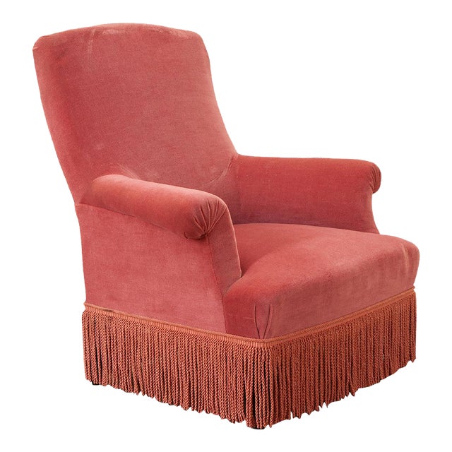 French Vintage Parlor Armchair with Fringe | Chairish