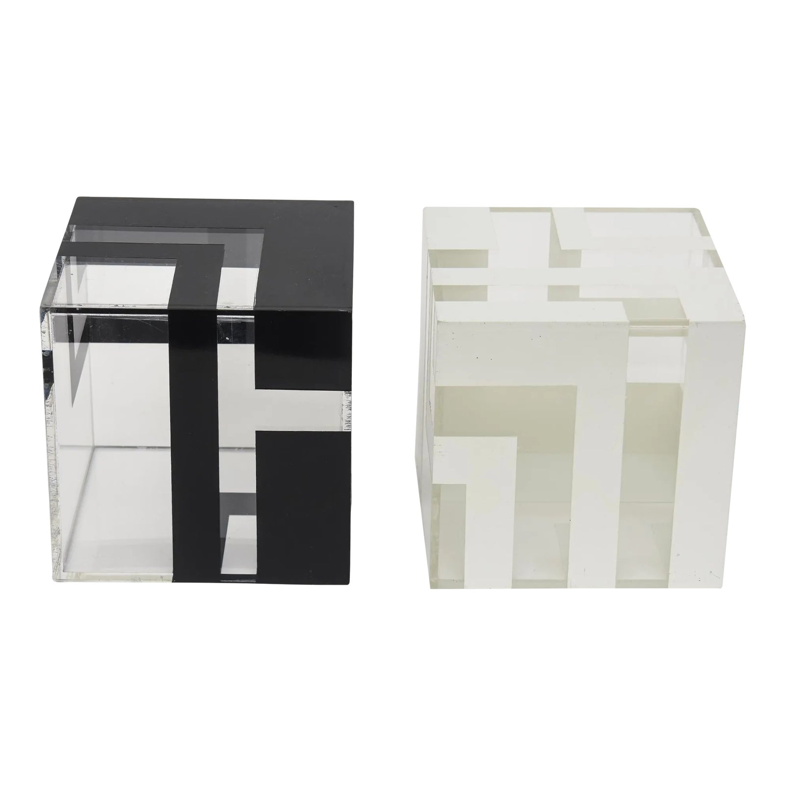Lucite Black and White Geometric Square Cube Sculptures Pair Of | Chairish