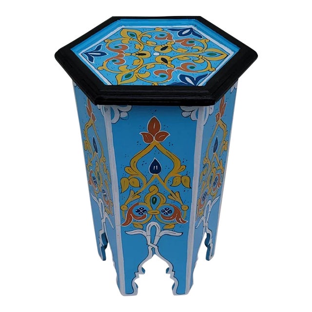 Moroccan Hexagonal Hand Painted Wooden Side Table in Sky Blue Zouak ...