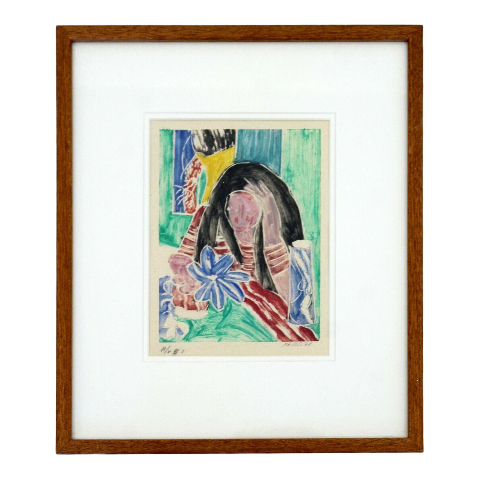 1970s Modern Framed Woman Hand Painted Linocut Monotype Signed Matt ...