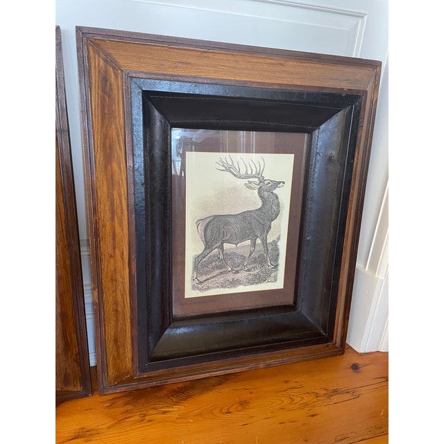 Vintage Pair of Stag and Doe Etchings in Substantial Leather and Wood Frames | Chairish