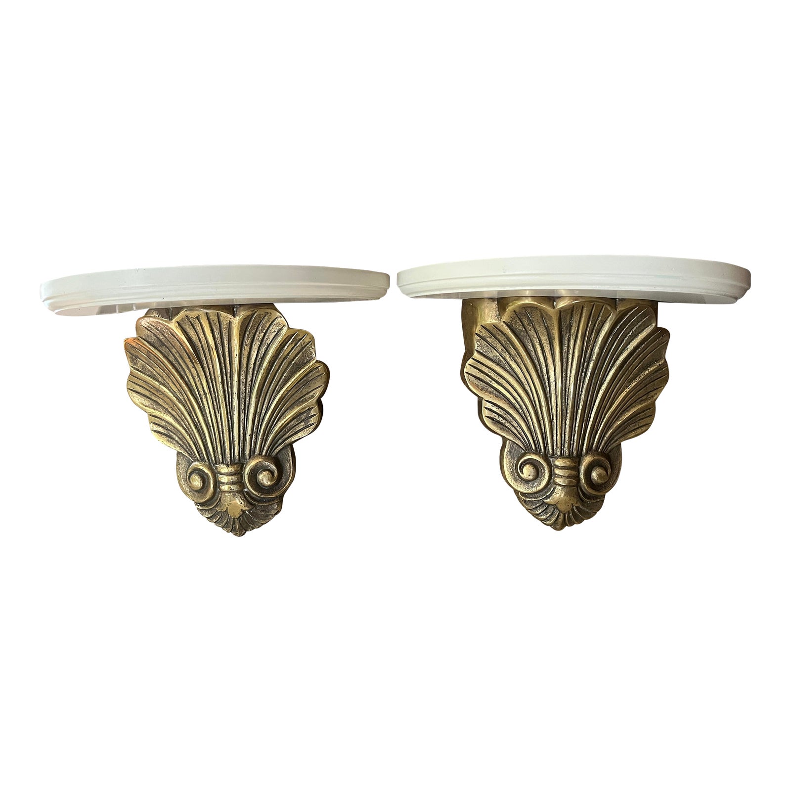 Pair of Vintage 1990s Wall Shelves With Brass Shell Bases | Chairish
