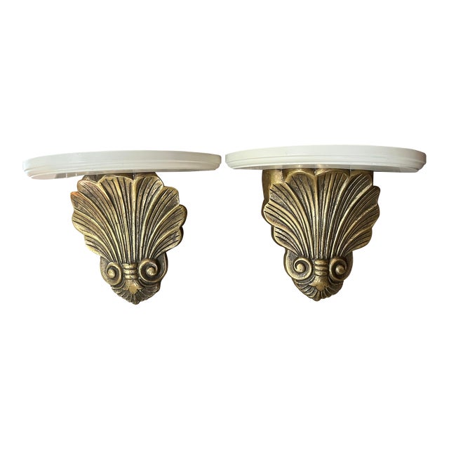 Pair of Vintage 1990s Wall Shelves With Brass Shell Bases | Chairish