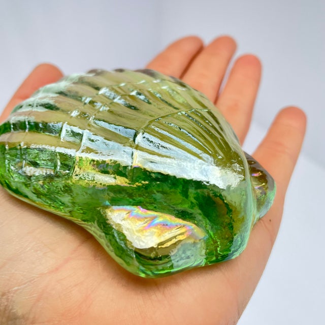 Coastal Green Iridescent Glass Clam Shell Paper Weight | Chairish