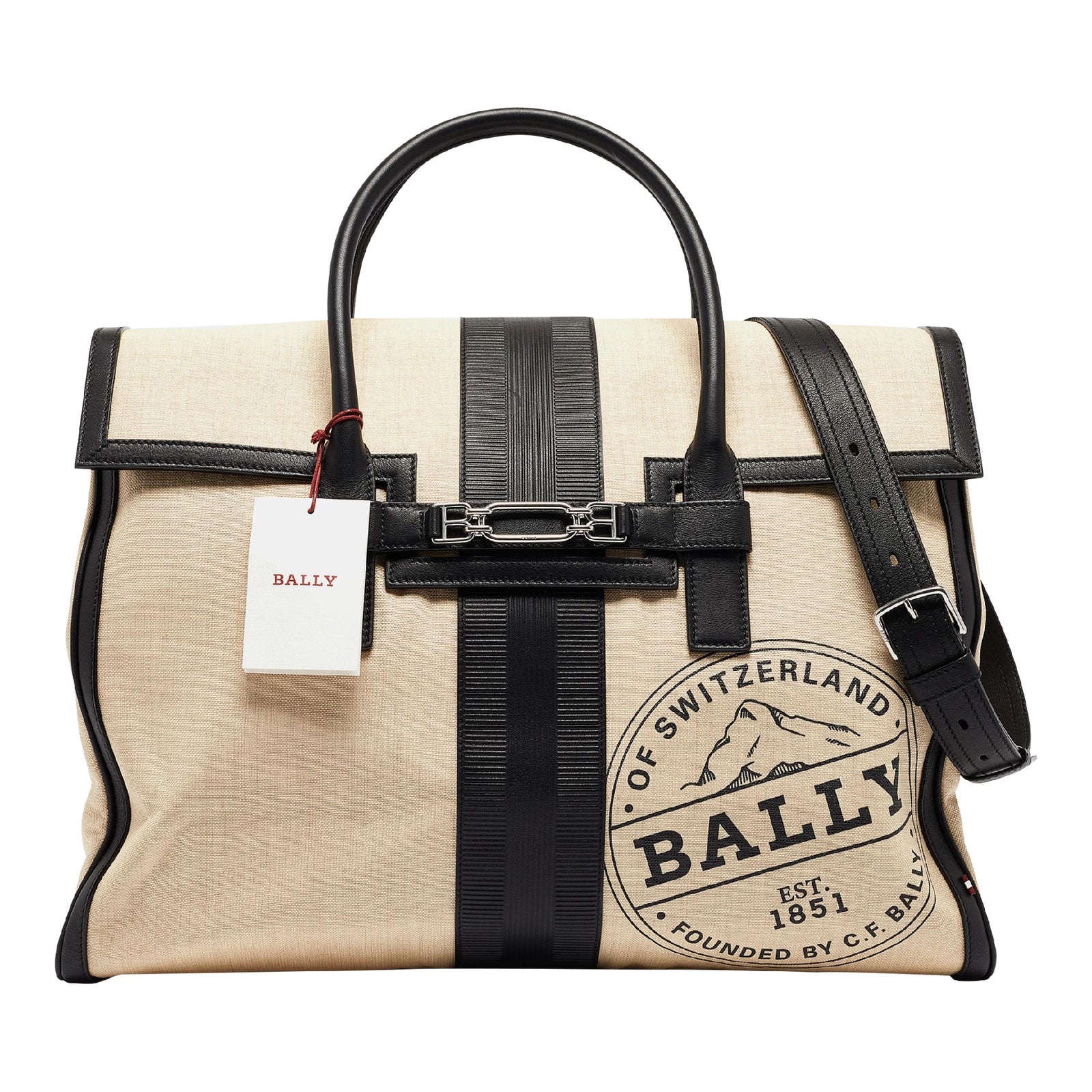 Bally Black/Natural Canvas And Leather Vesper Travel Tote | Chairish