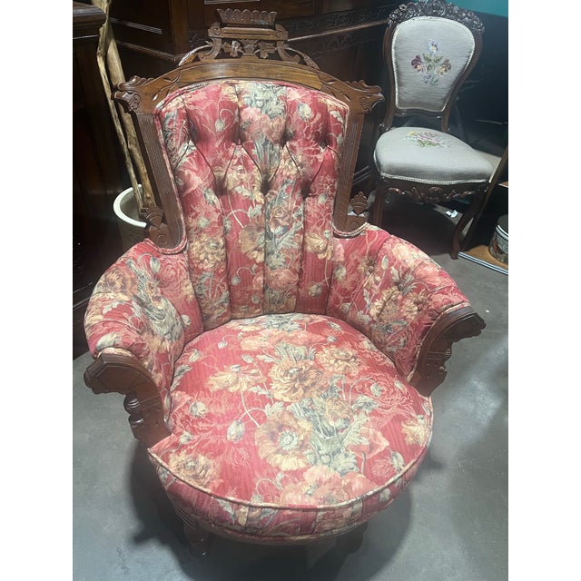 Antique Red Floral Upholstered Carved Arm Chair | Chairish