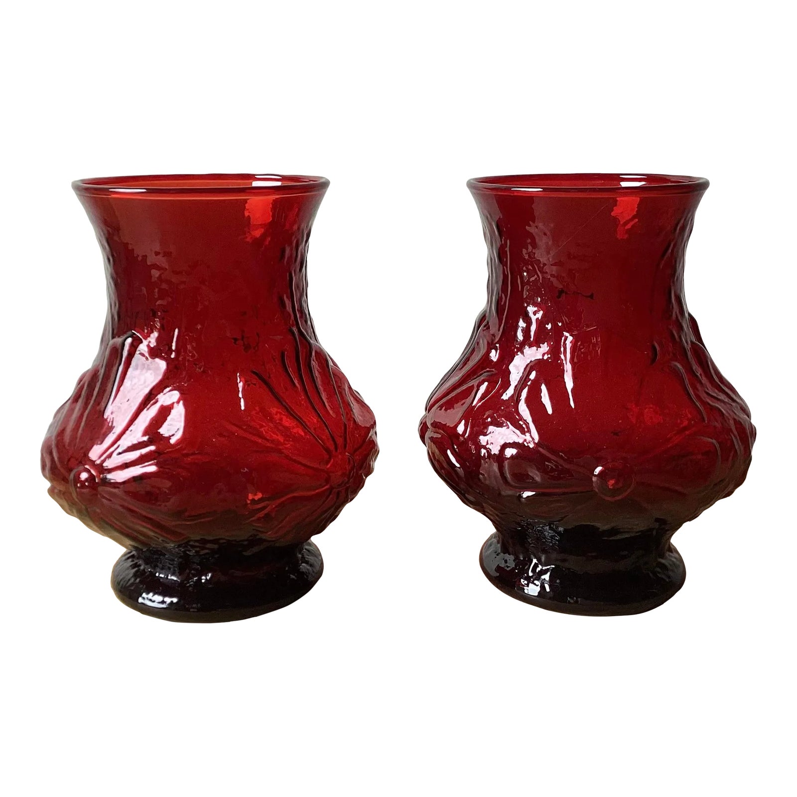Mid Century Modern Cranberry Red Crinkle Glass Vases a Pair | Chairish