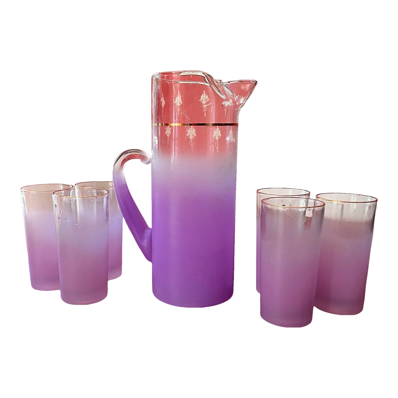 Mid-Century Modern Purple Frosted Glass Pitcher Set by Blendo- 7 Pieces ...
