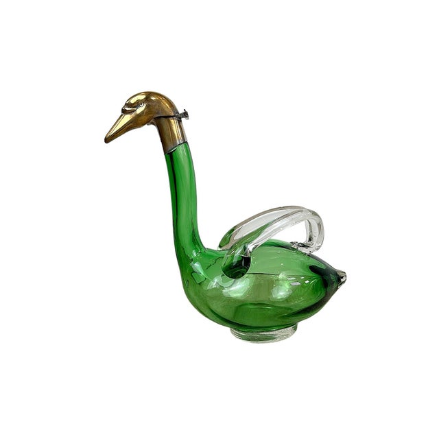 1920's Art Deco Austrian Brass & Green Crystal Swan Decanter | Chairish