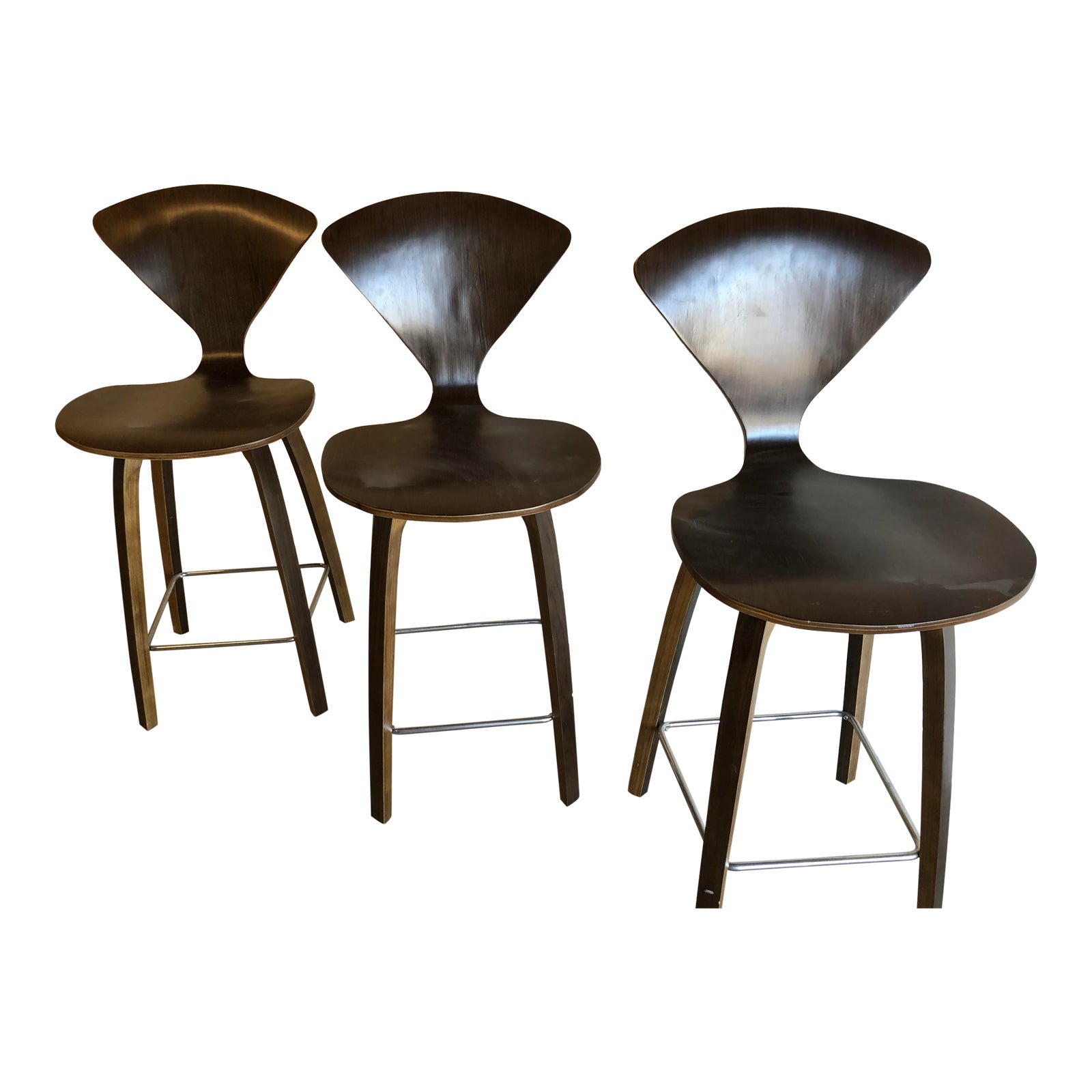 Modern Cherner Style Walnut Stool- Set of 3 | Chairish