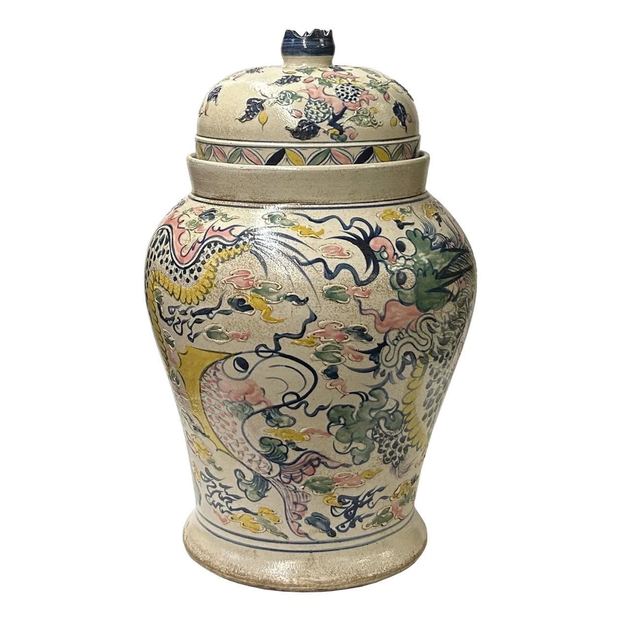 Vintage Historic Treasure Dragon Theme Beige Base Ceramic Pot Vase ...